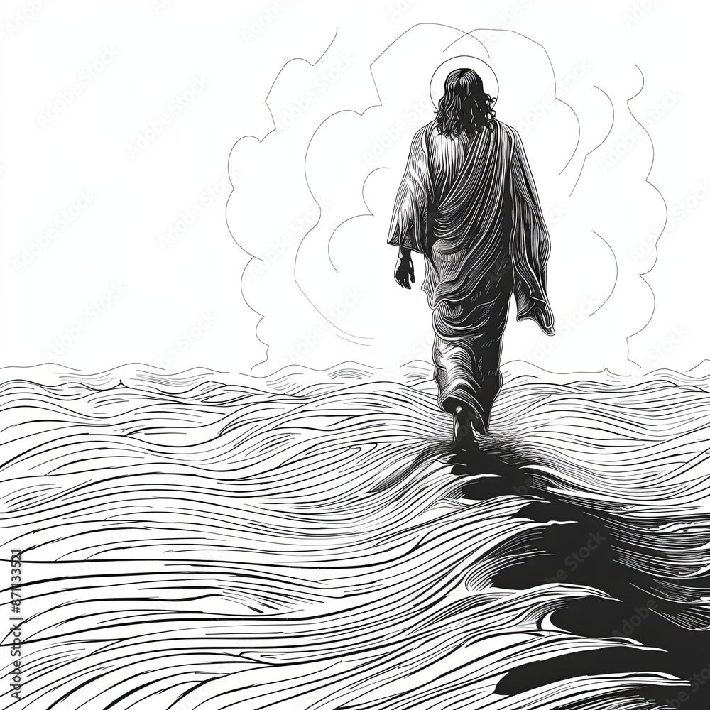 Jesus walks towards the light on the water. See a miracle. The concept ...