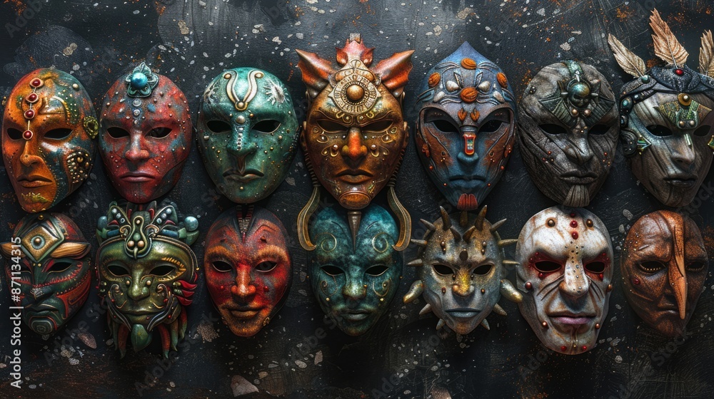 Tribal wooden masks, painted with vivid colors, forming a collection ...