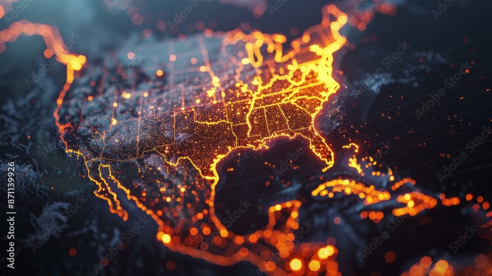 Glowing USA Illuminated map of the United States showcasing vibrant ...