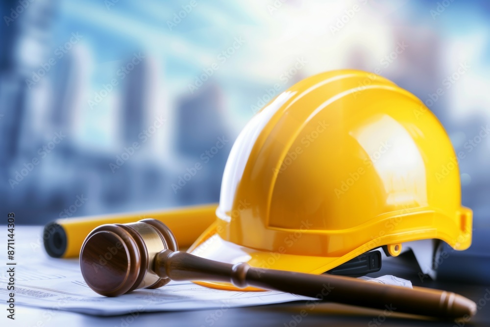 Judge's gavel and builder's helmet. Concept of construction permit or ...