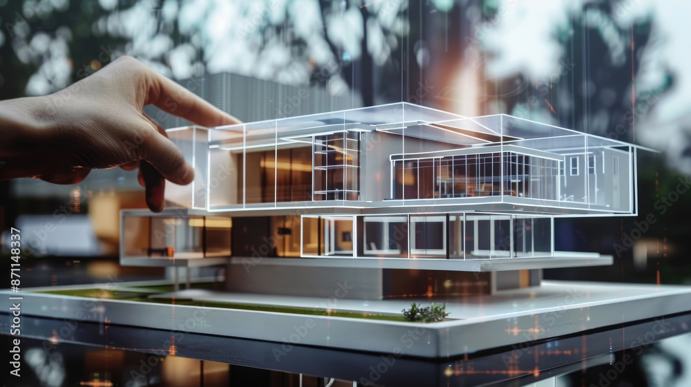 A hand hovers over a modern house architectural model, with a ...
