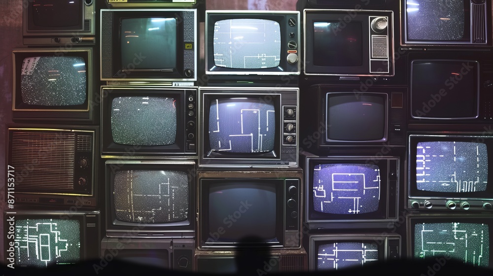 stack of various television sets from the 1970s with a test pattern ...