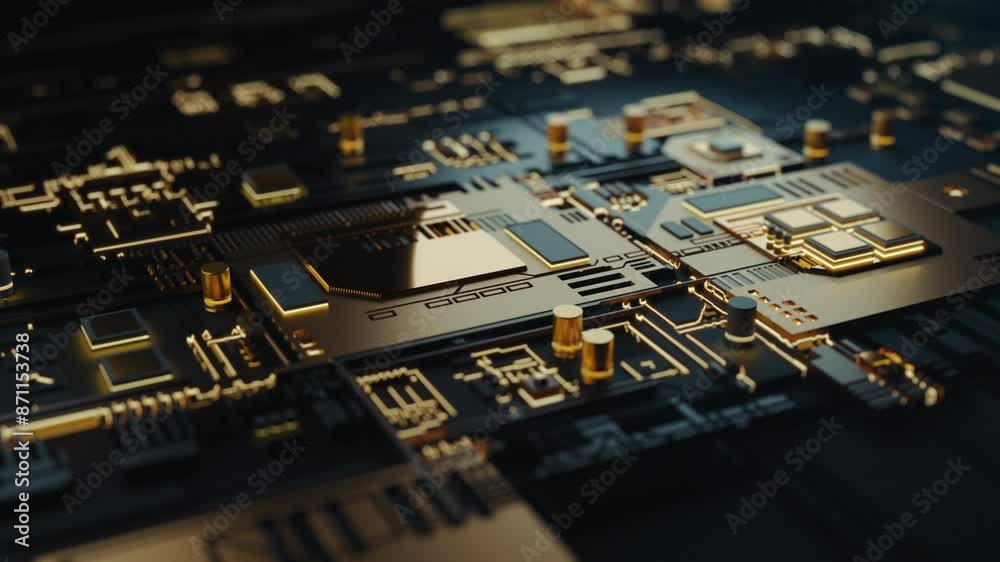 High tech integrated circuit board with processor close up. Electronic ...