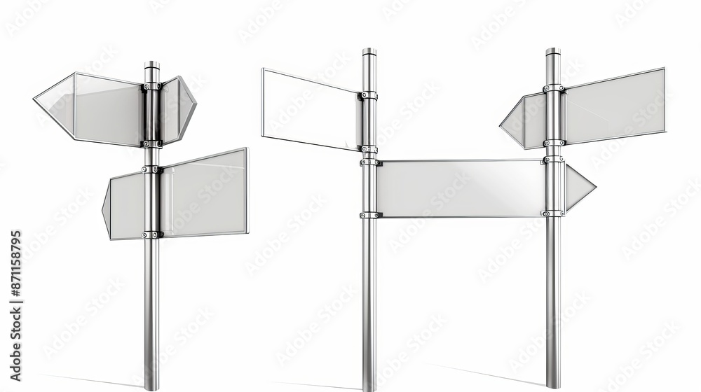 On a road, a signpost with blank direction signs. Vector image of a ...