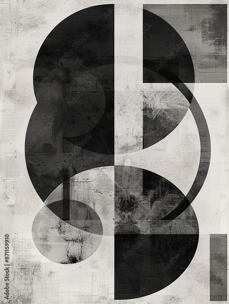 Monochrome abstract artwork featuring overlapping geometric shapes with ...