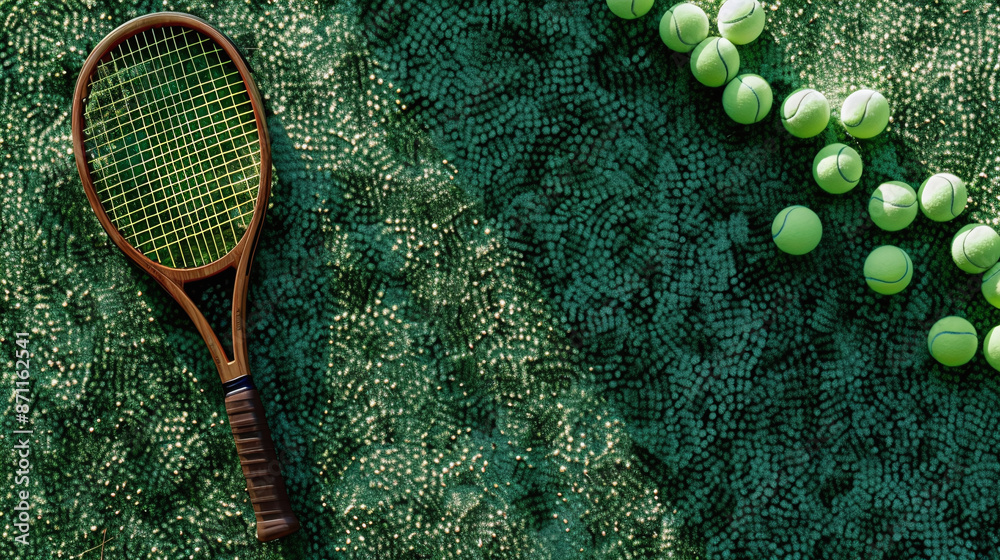 Top view of a wooden tennis racket and several green tennis balls on a ...