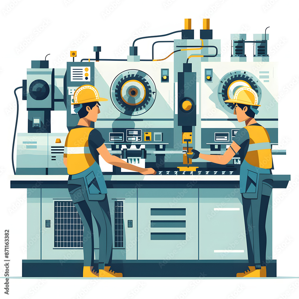 young mechanical engineering workers operate a machine for winding ...