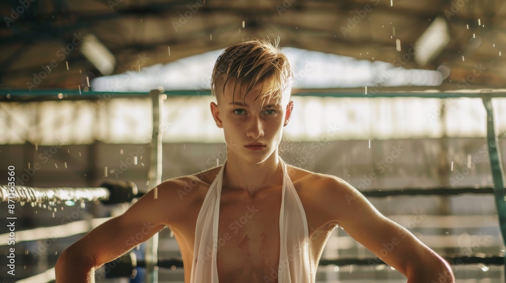 Photograph of a 17-year-old blonde British boxer hanging in the ring on ...