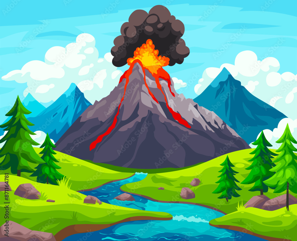Volcano eruption landscape. Erupting volcanoes cartoon background ...