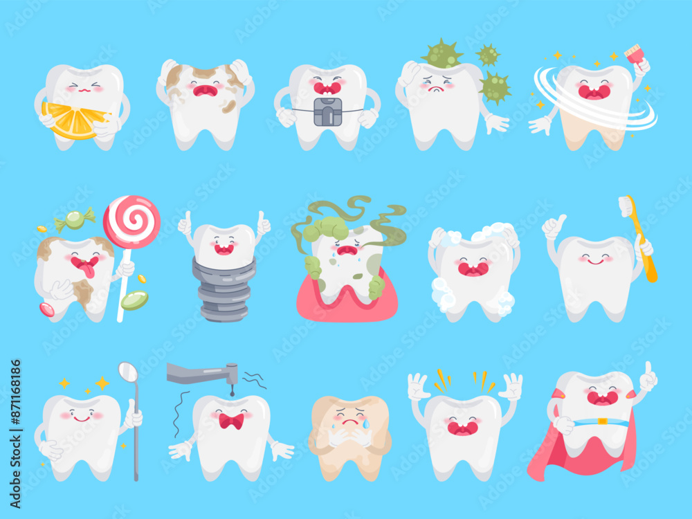 Cartoon teeth characters. Cute tooth mascot face emoji, child ...