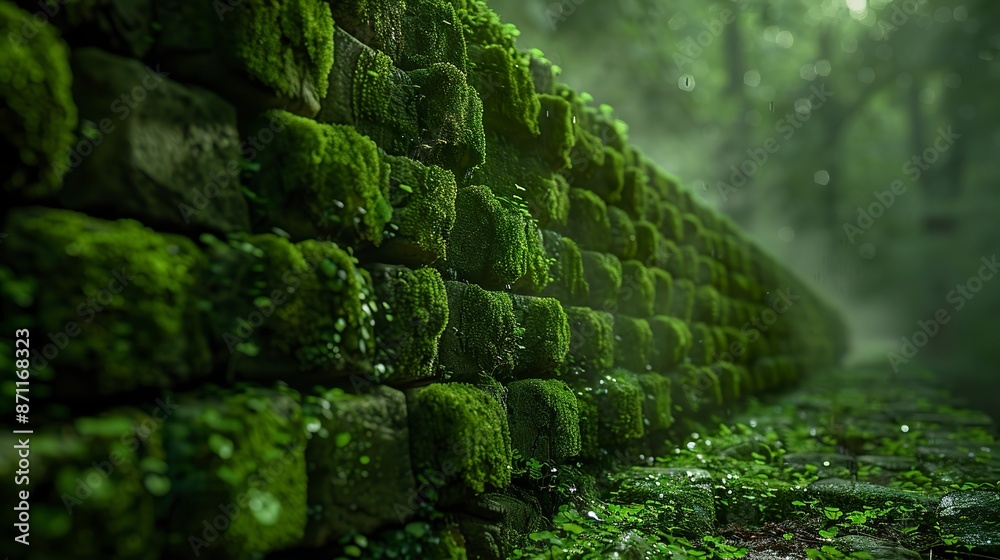 A moss wall with a vibrant, verdant texture, with different shades of ...