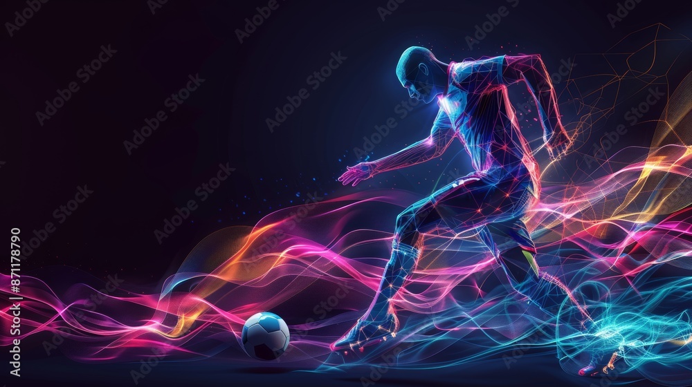 Forward. Pilot and football. Active and moving soccer player with ball ...