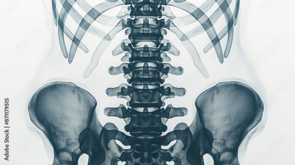 Detailed X-ray image of the human spine, ribs, and pelvis on a white ...