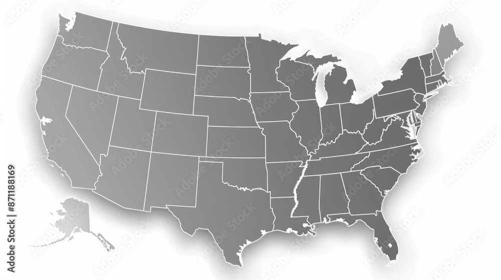 A clear grayscale map depicting the entire continental United States ...