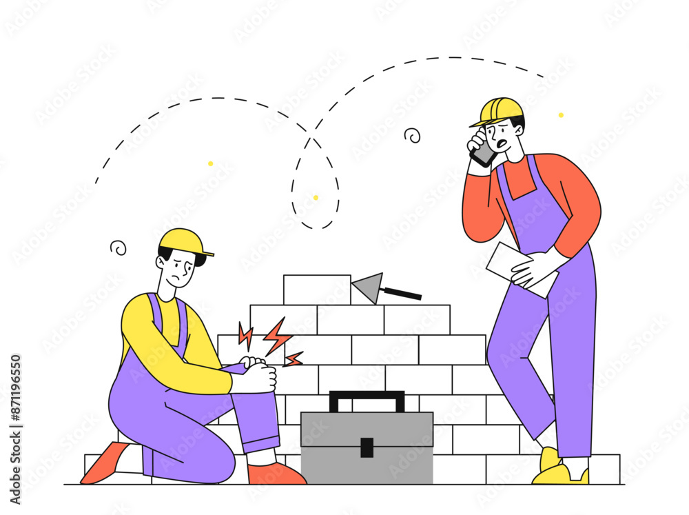Construction site injury. Men in uniforms and safety helmets building ...