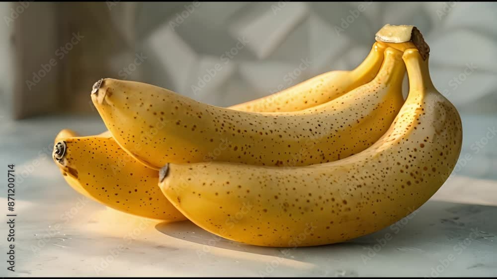 Three bananas with brown spots on them. The bananas are sitting on a ...
