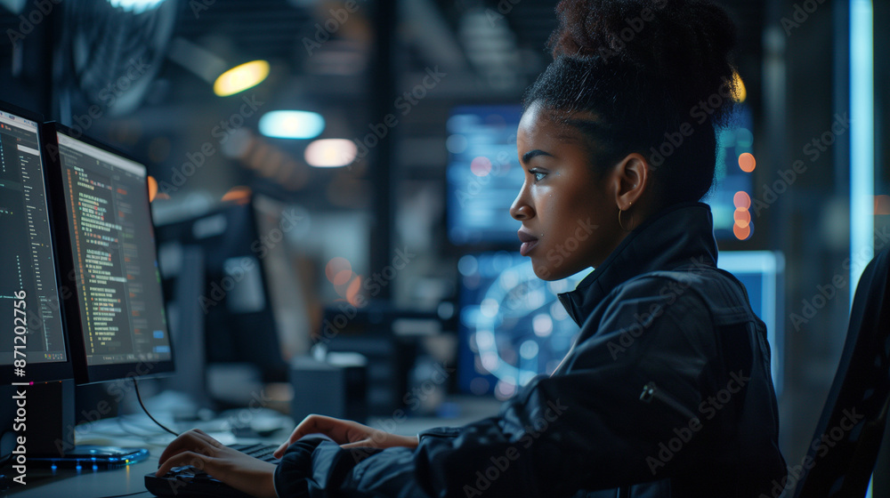 Foto de AI Fraud detection concept, Black female IT specialist working ...