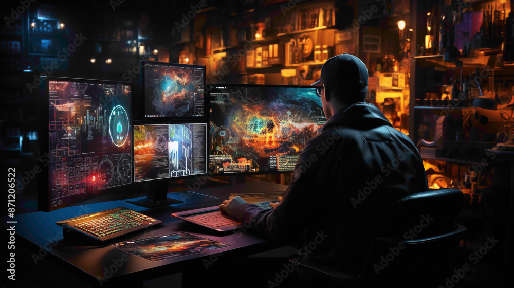 A top-down view of a modern office space with a team of researchers and developers collaborating ...