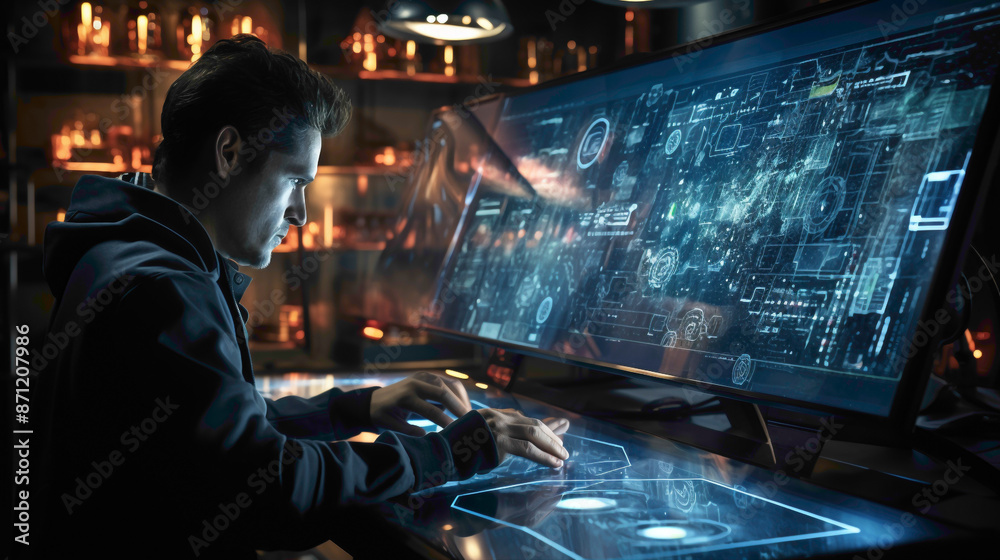 A top-down view of a modern office space with a team of researchers and developers collaborating ...