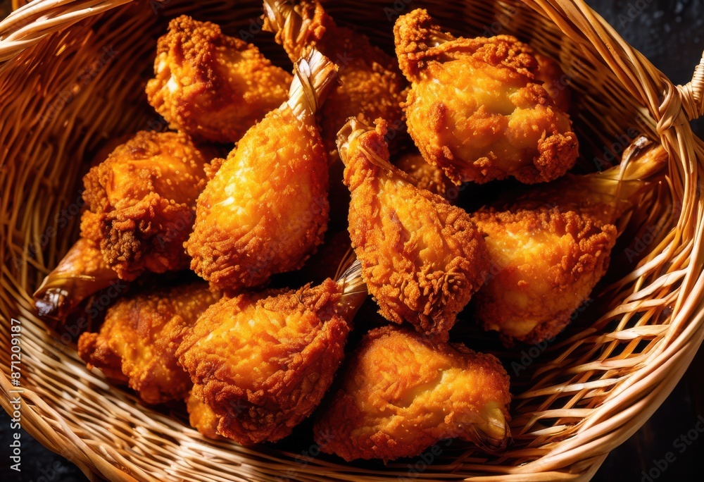crispy golden chicken drumsticks wicker fried food appetizer display ...