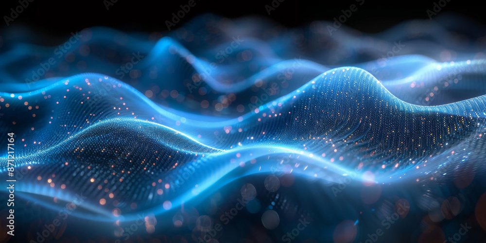 Abstract blue tech background with digital waves, dynamic network system, artificial neural ...