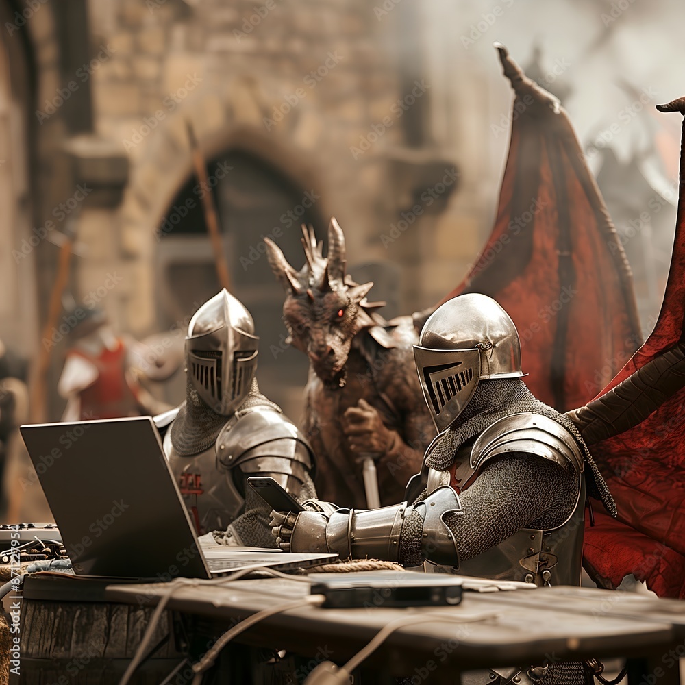Medieval Knights and Dragon at a Modern Office: Surreal Fantasy Art ...
