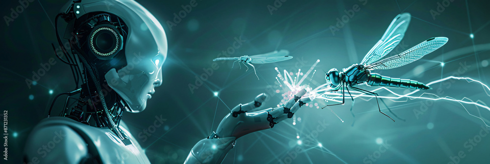 cyborg humanoid robot with glowing blue eyes hands finger touching on ...