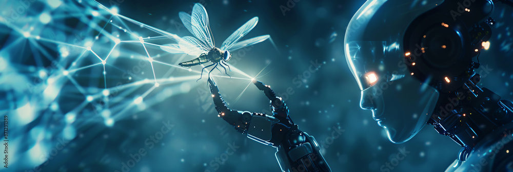 cyborg humanoid robot with glowing orange eyes hands finger touching on ...