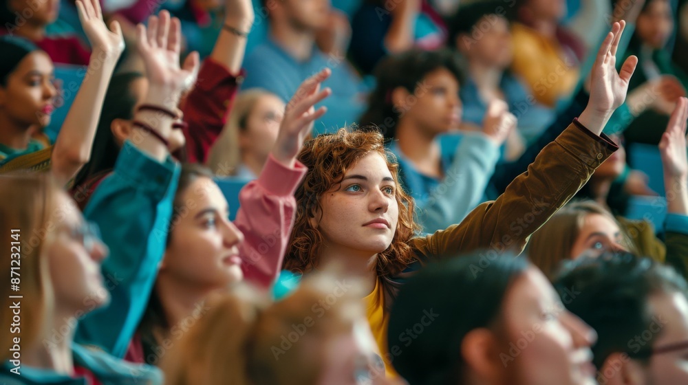 Students in a classroom environment eagerly raising their hands to ...
