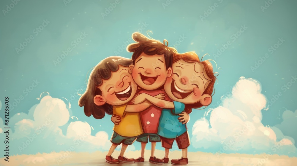 An illustration of three children hugging each other happily under a ...