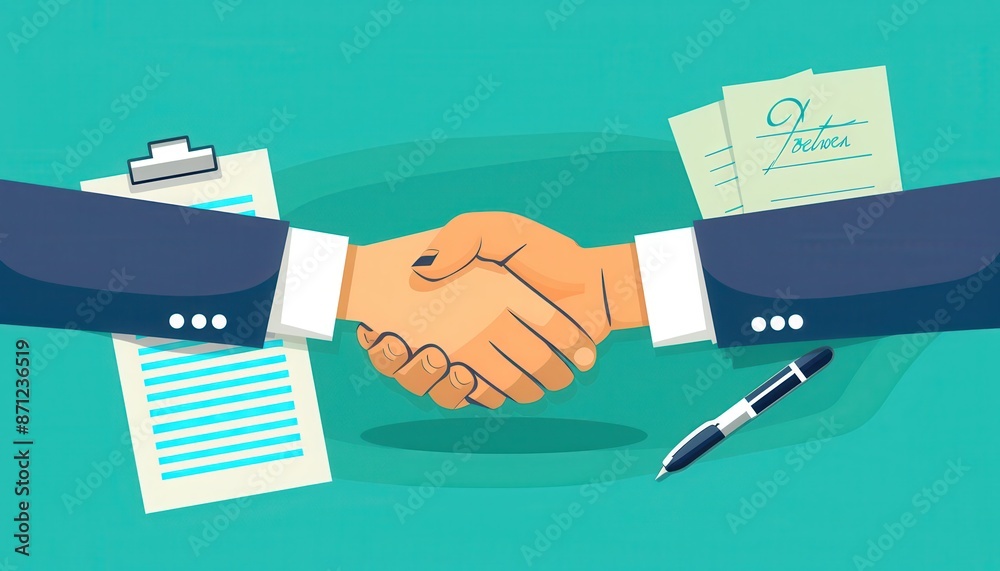 Business handshake agreement with documents and a pen on a green ...