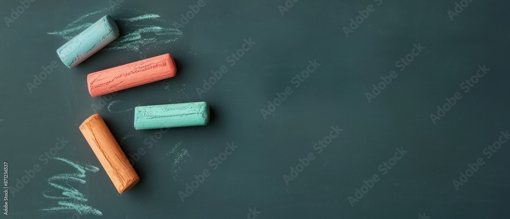 Colorful chalk on a chalkboard ledge close up, focus on, copy space ...