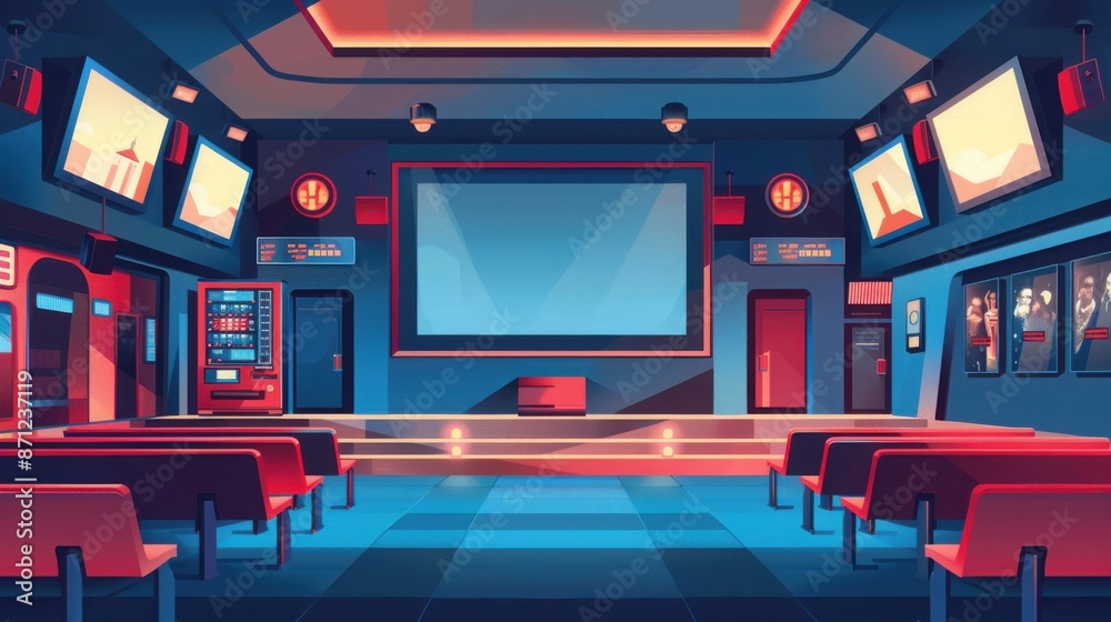 Colorful modern cinema hall with empty seating, large screen, and ...