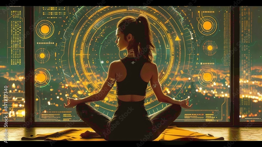 Cyber yogi with holographic chakras, vector art with fractal patterns, ocean sunset, clean lines ...