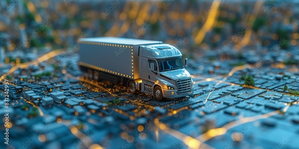 Modern semi-trailer truck navigating digital city map with glowing ...