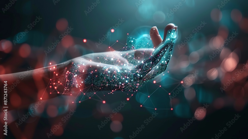 A futuristic hand covered in glowing particles representing technology ...