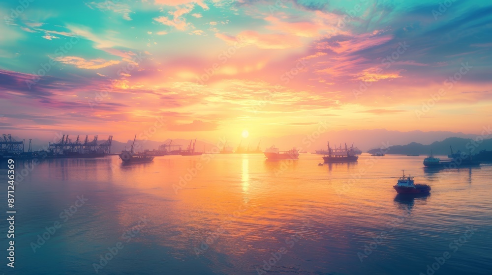 The tranquil beauty of sunrise over a bustling harbor, with cargo ships ...