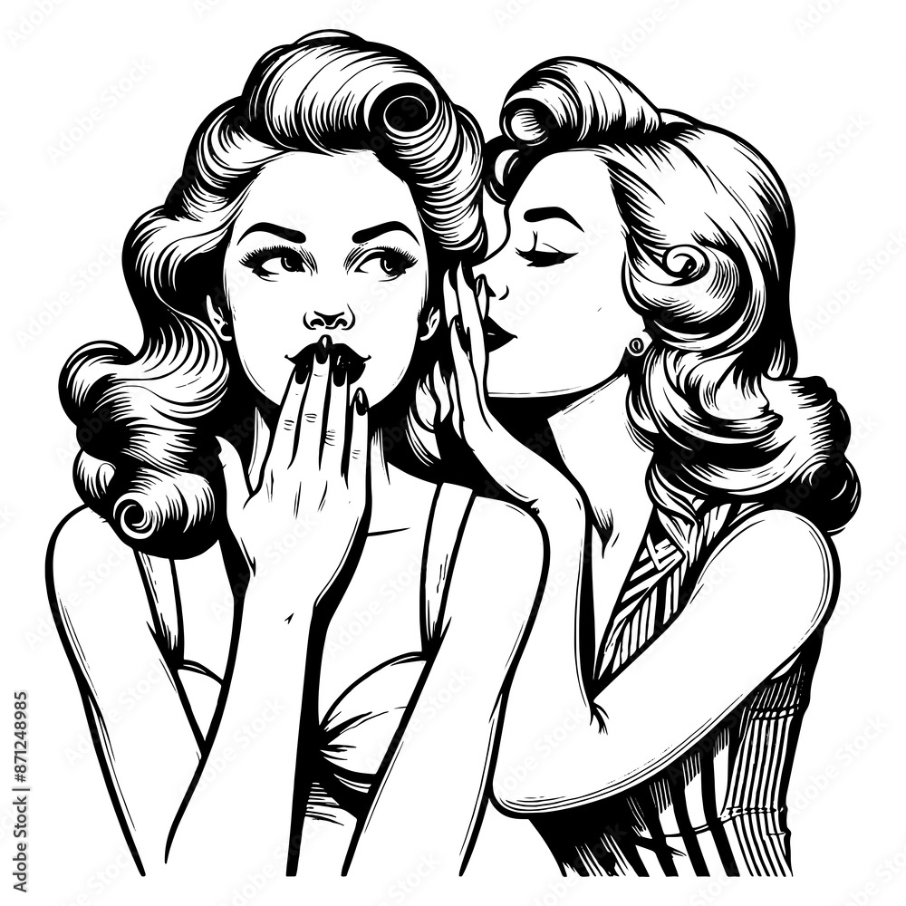 pin-up girls, one whispering a secret into the other ear, with ...