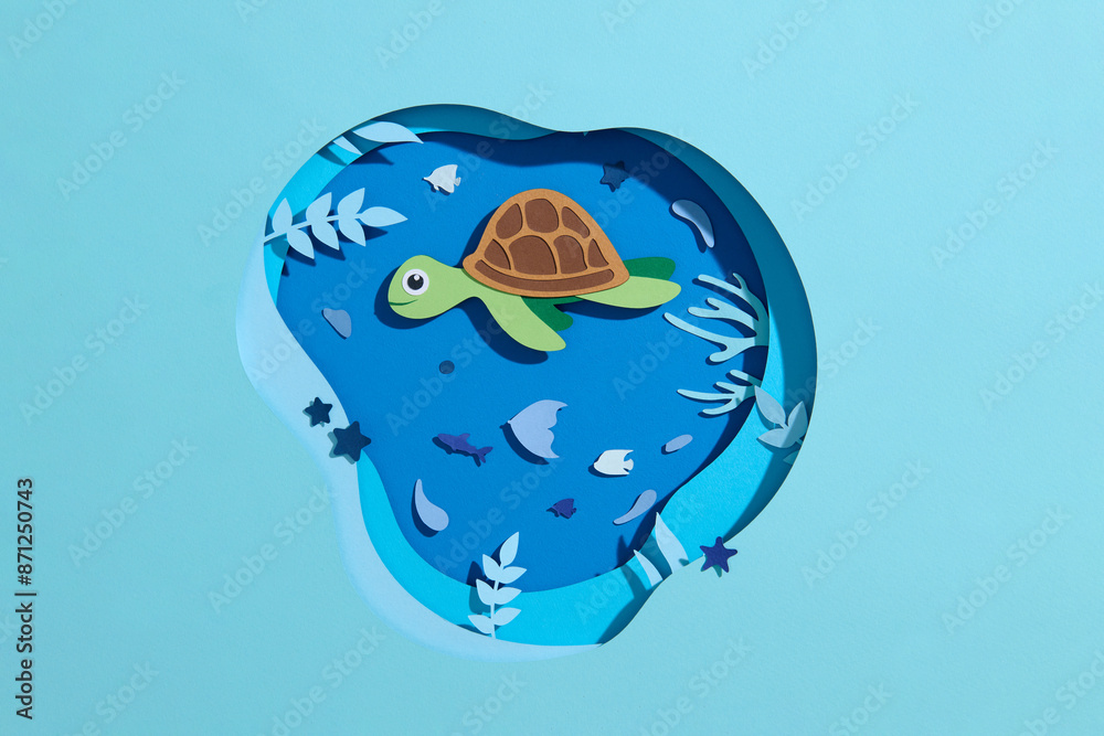 Paper-cut marine life with turtle and fish in the ocean background ...