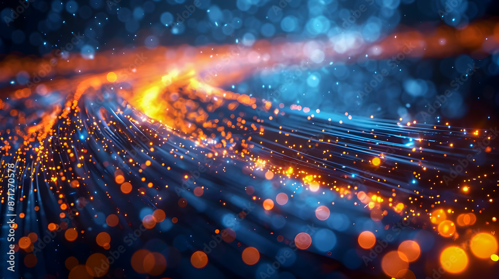 Radiant fiber optic cables entwining in dynamic rays of light against a ...