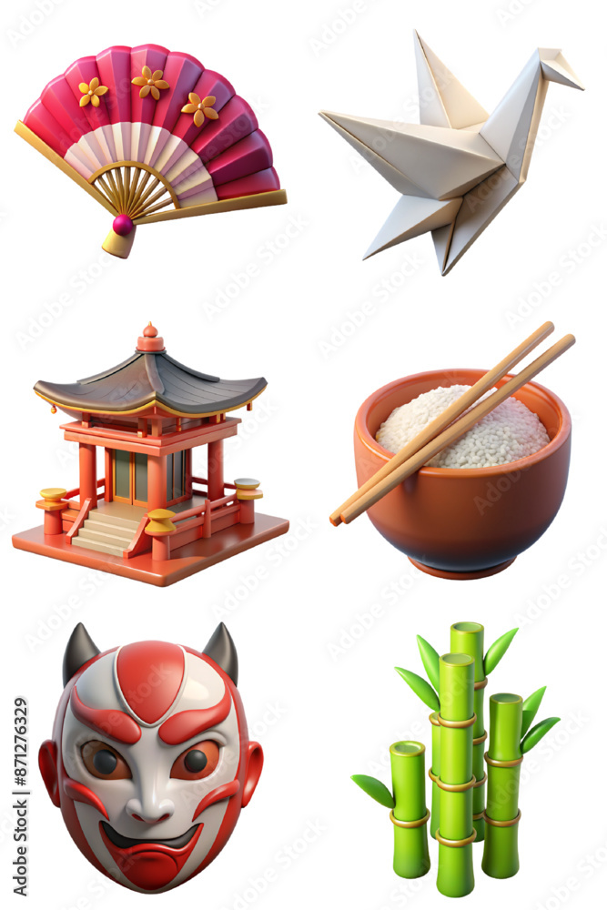 Collection of different Japanese symbols including temple, origami bird ...