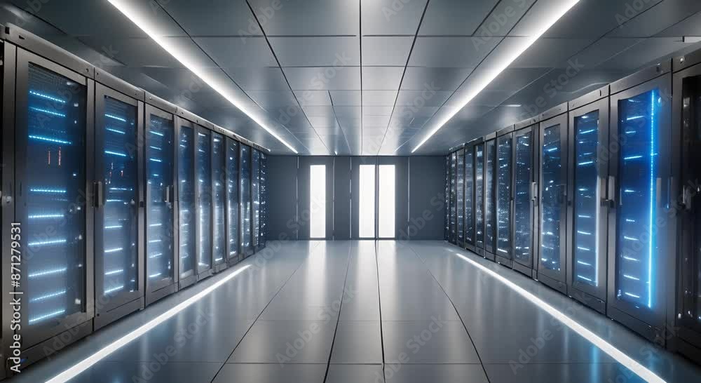 Hightech data center with server racks digital connections ...