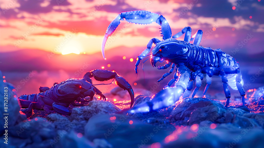Two massive glowing scorpions one vivid blue the other fiery red are ...