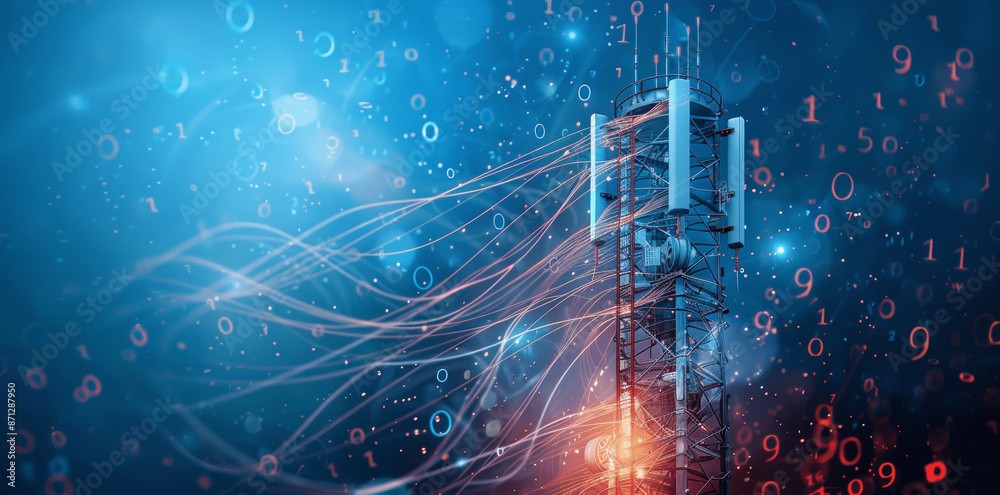 Abstract Futuristic Cell Tower Digital Art with Waves and Numbers ...