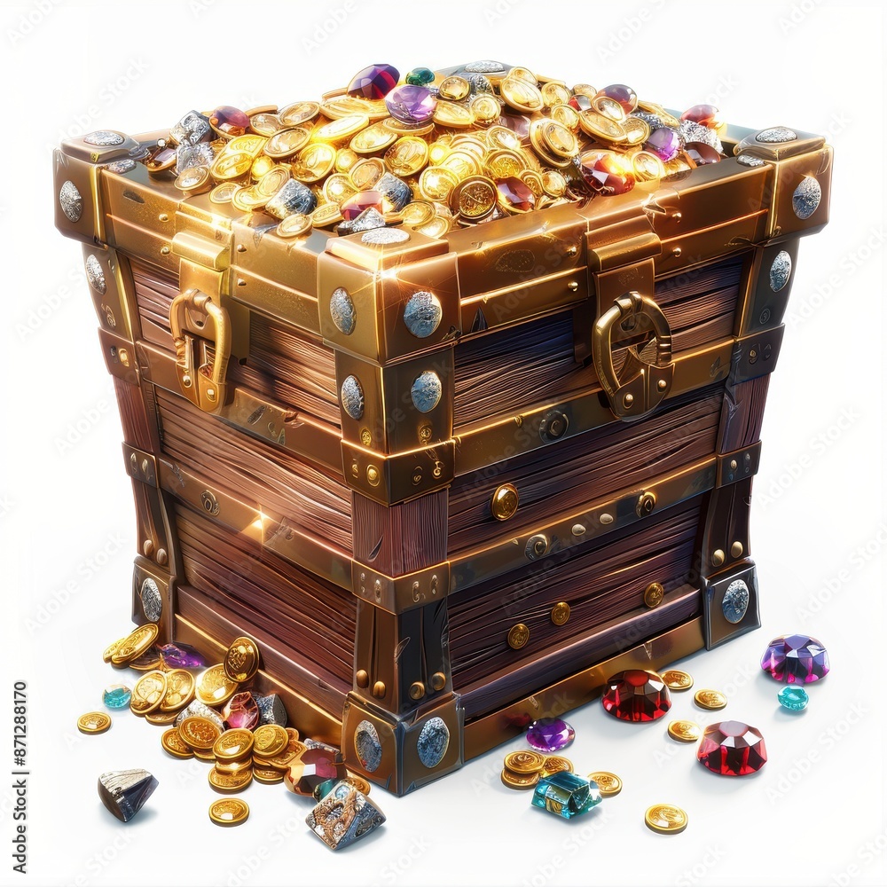 3D game icon of a treasure chest overflowing with gold and jewels ...