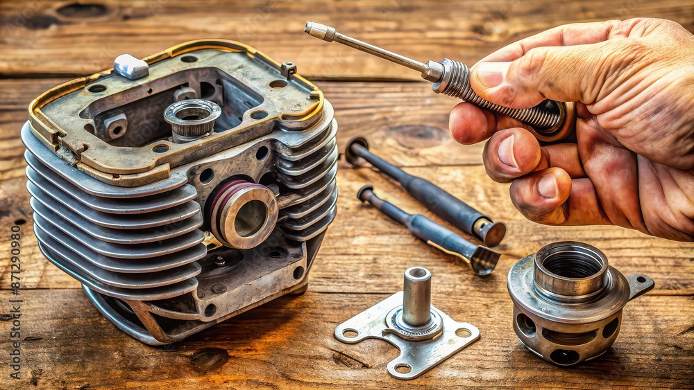 Repairing a broken brush cutter by disassembling and replacing the ...