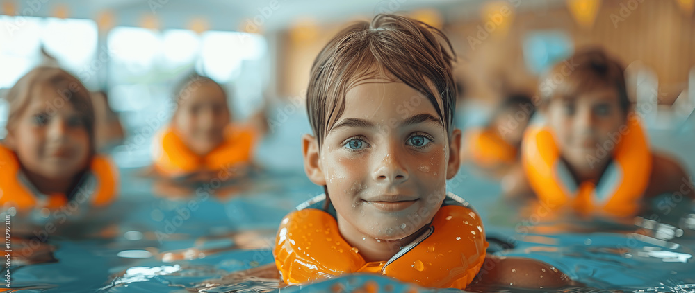 Happy children learning to swim in indoor pool during summer school ...