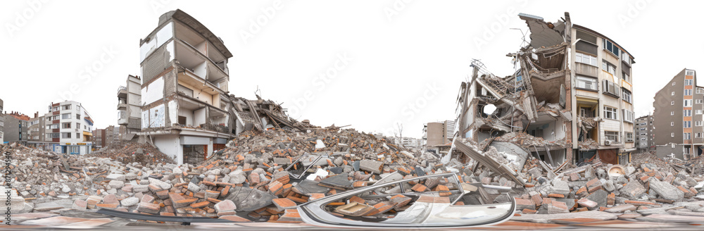 An isolated depiction of buildings and debris after an earthquake on a ...