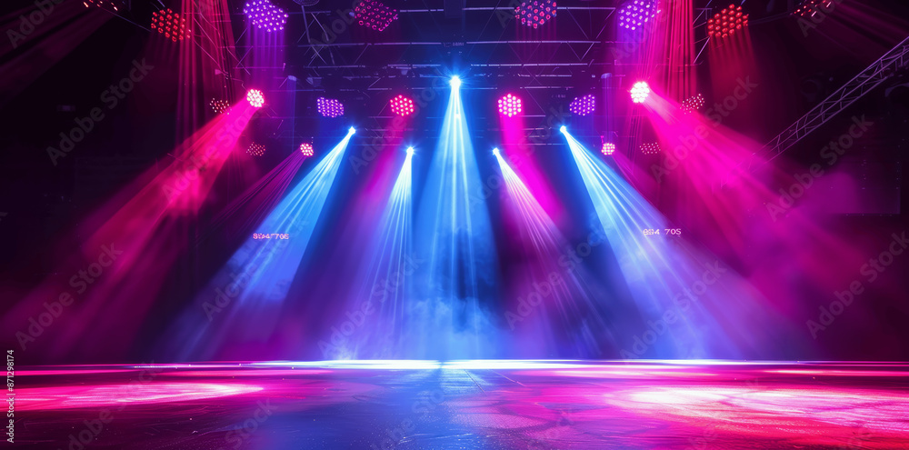 Illuminated concert stage with colorful lights, spotlights, and beams ...