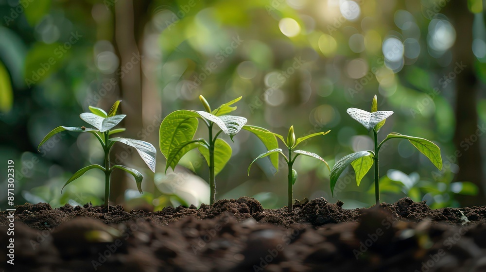 Jackfruit seedlings are thriving in the rich soil against a lush green ...
